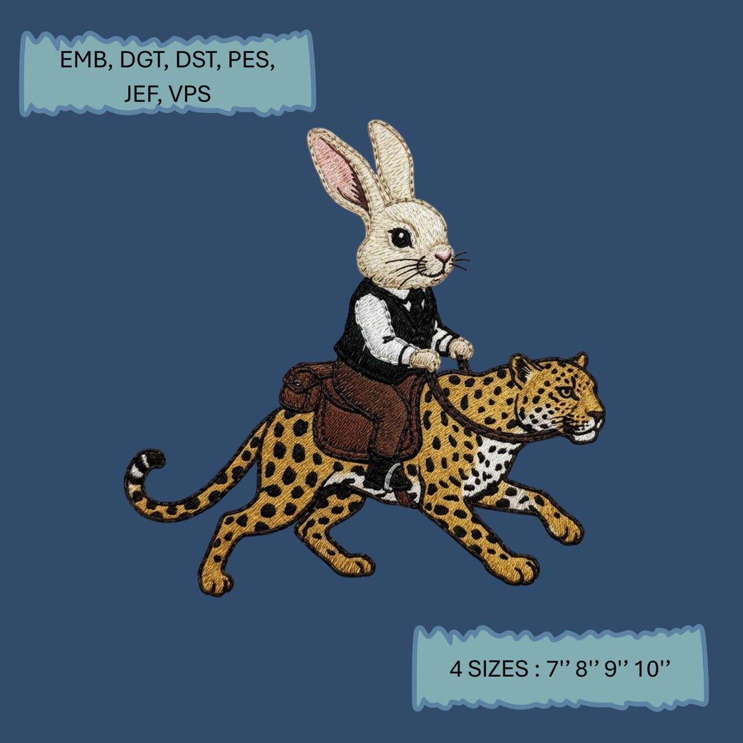 Dapper Rabbit Riding a Leopard Embroidery File Surreal Animal ...