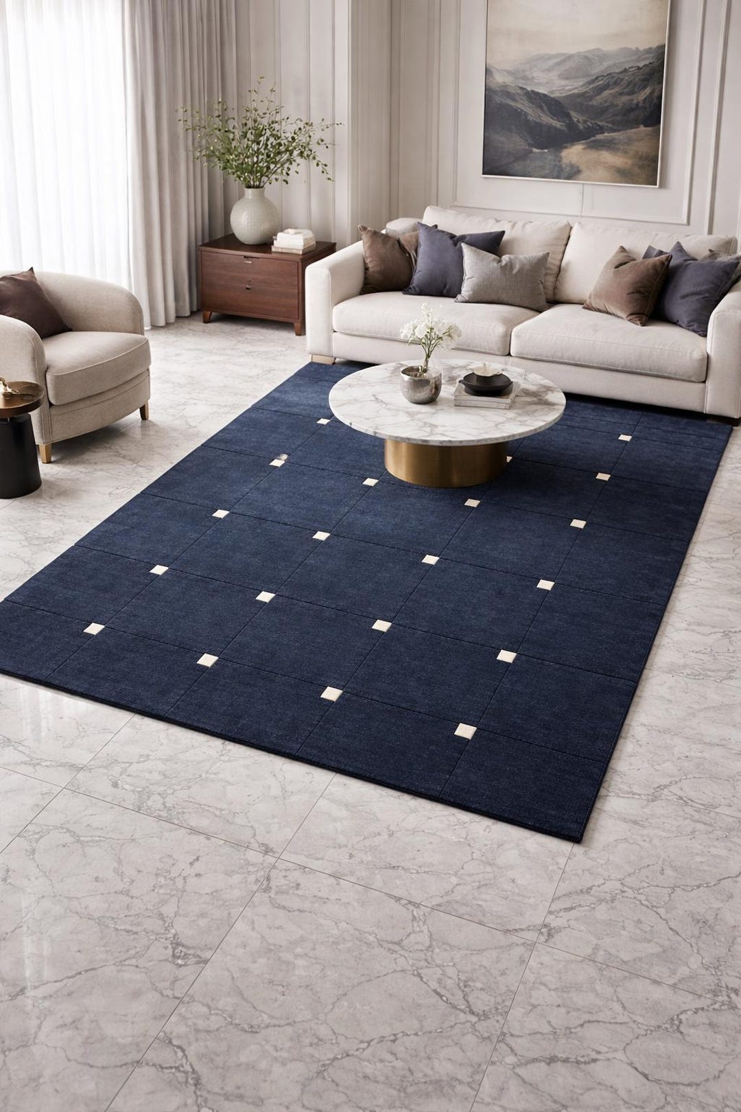 Navy Blue Geometric Tufted Rug – Modern Grid Pattern Area Rug ...