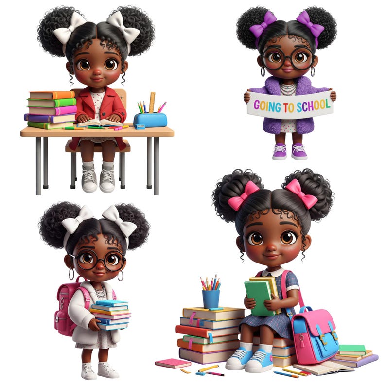 Black Girl Back to School Clipart: Afro Girls With Books (PNG Digital ...