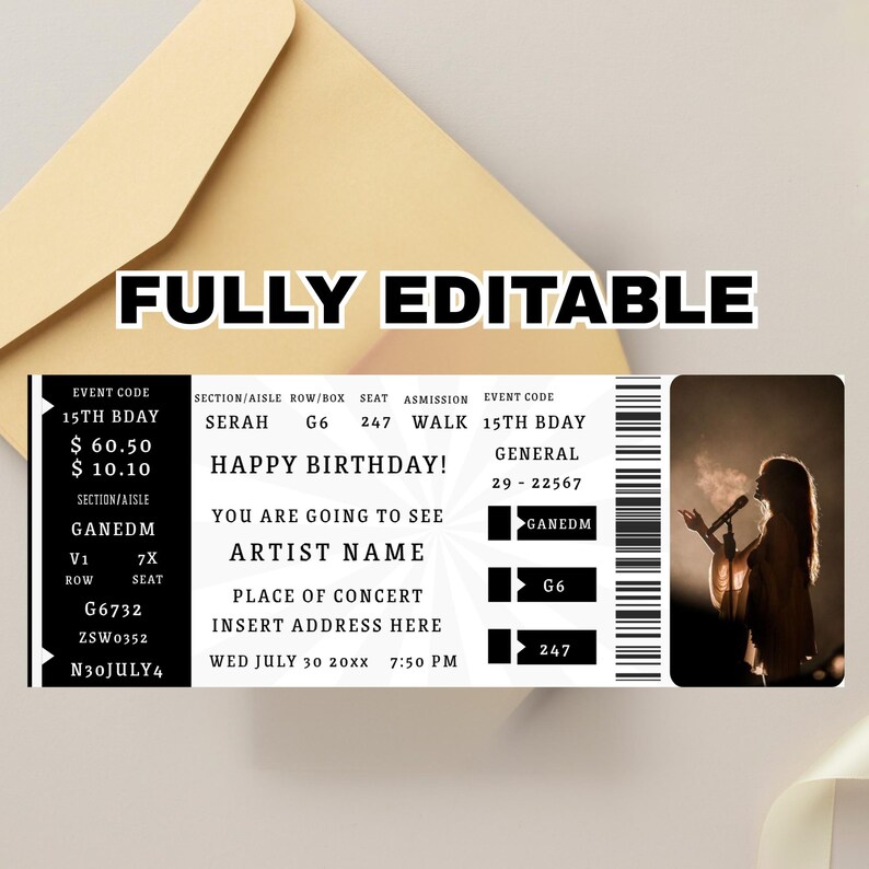 Editable Concert Ticket Template, Custom Concert Ticket Gift, DIY Event ...