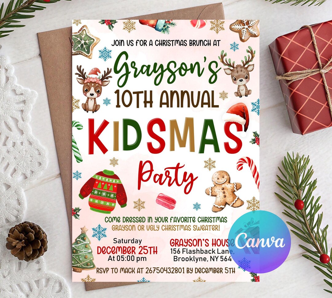 Kidsmas Christmas Invitation, Kids Holiday Party Invitation, Children's ...