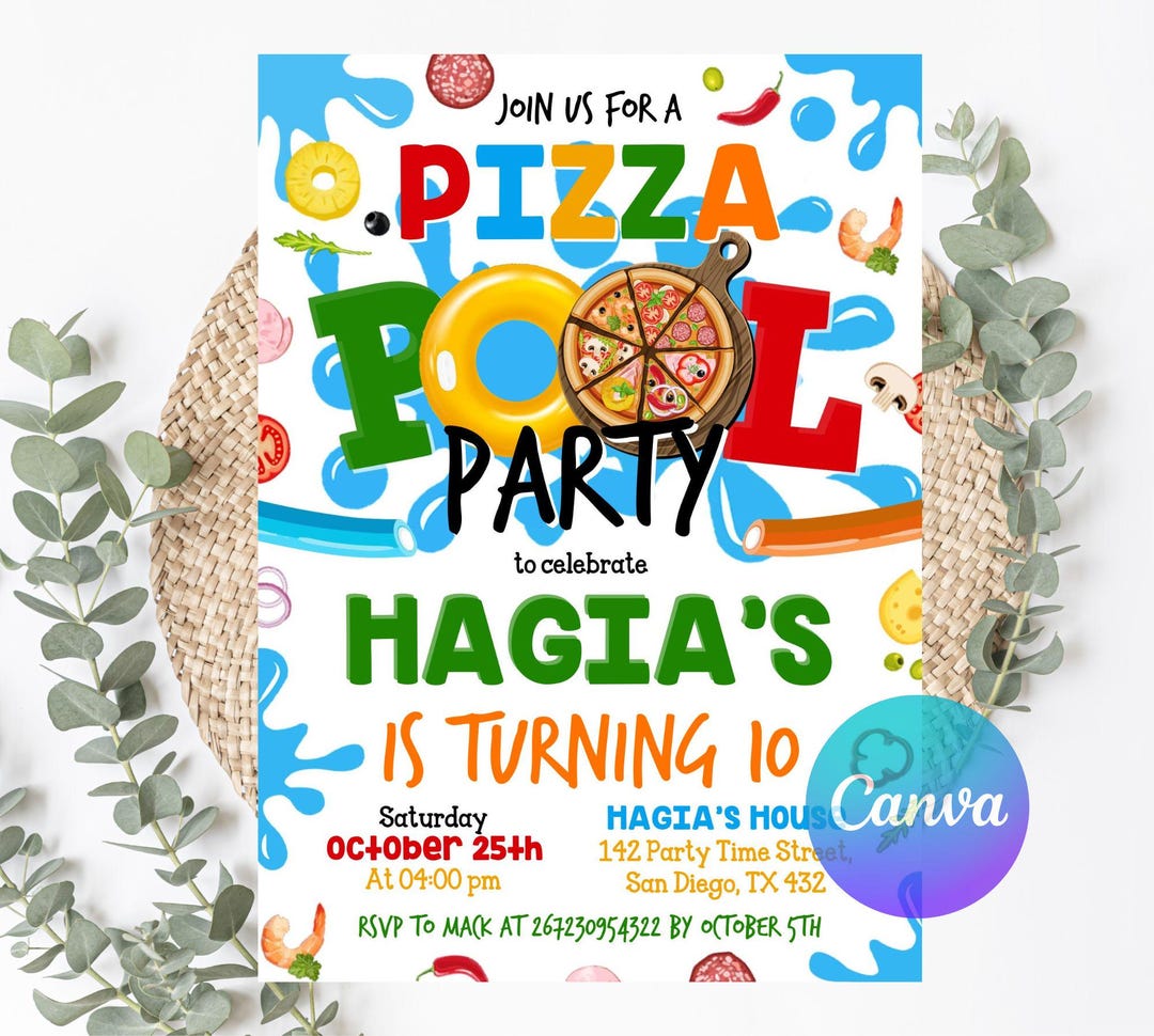 Editable Pizza Pool Party Invitation, Pizza Pool Party Birthday, Pizza ...