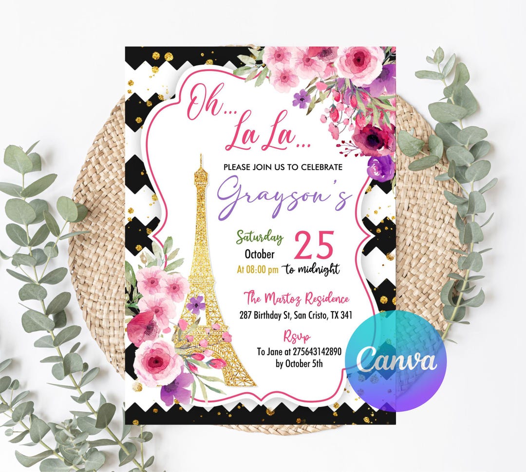 Editable Paris Birthday Invitation: French Party Theme (canva Template ...
