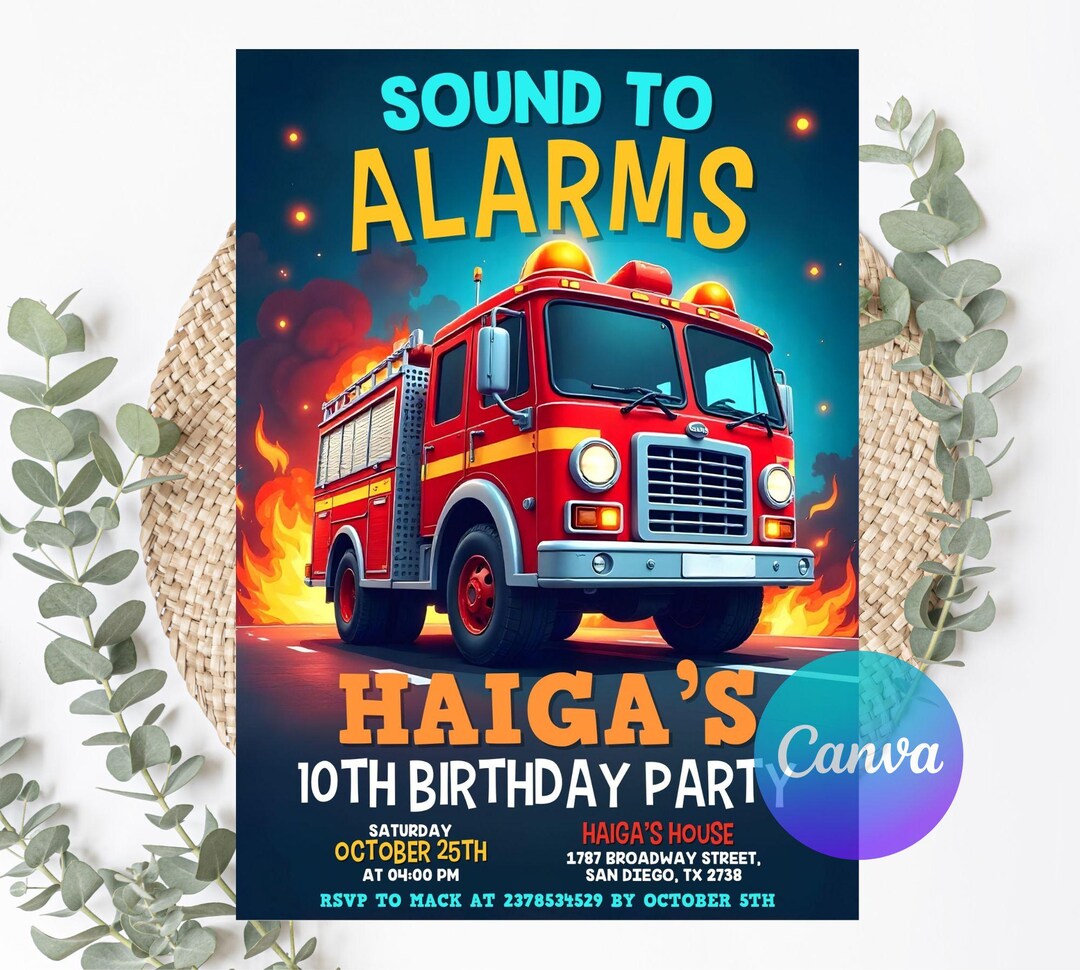 Editable Fire Truck Birthday Invitation Template, Firetruck Invitation ...