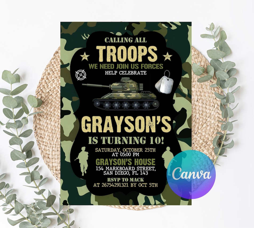 Editable Military Birthday Invitation Template: Army Party (5x7 ...