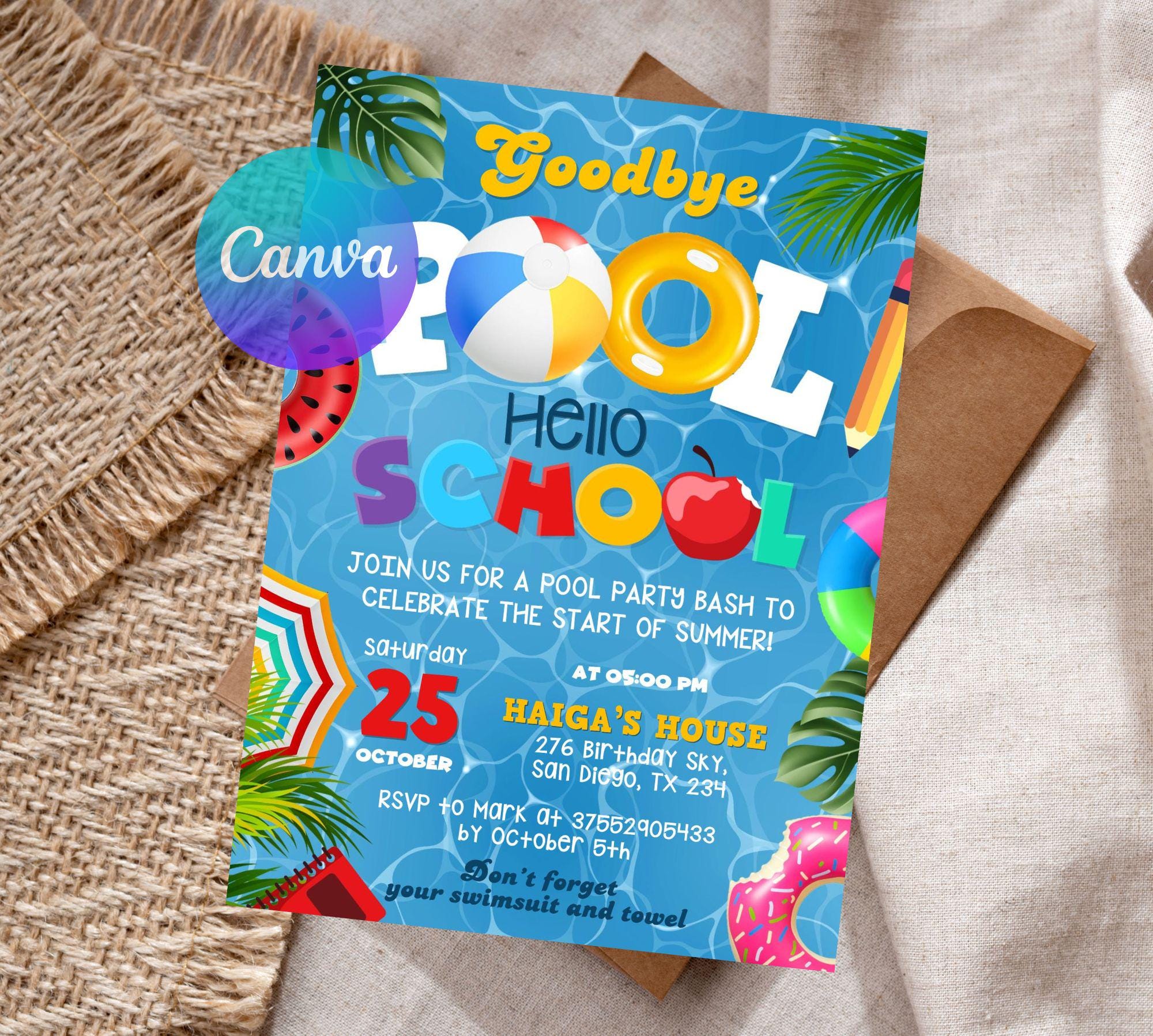 Editable Goodbye Pool Hello School Party End of Summer Party Invitation ...