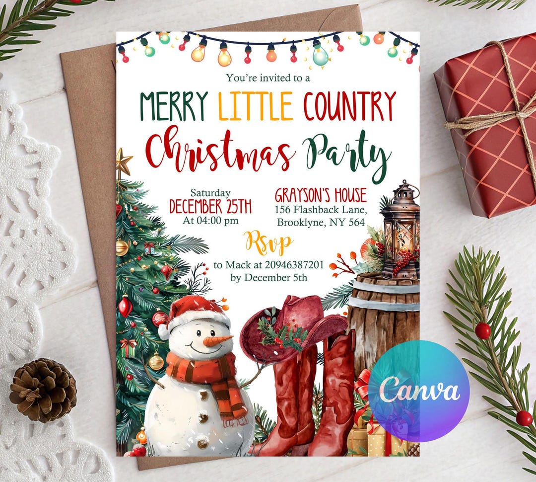 A Merry Little Country Christmas Party Invitation Template, Editable ...