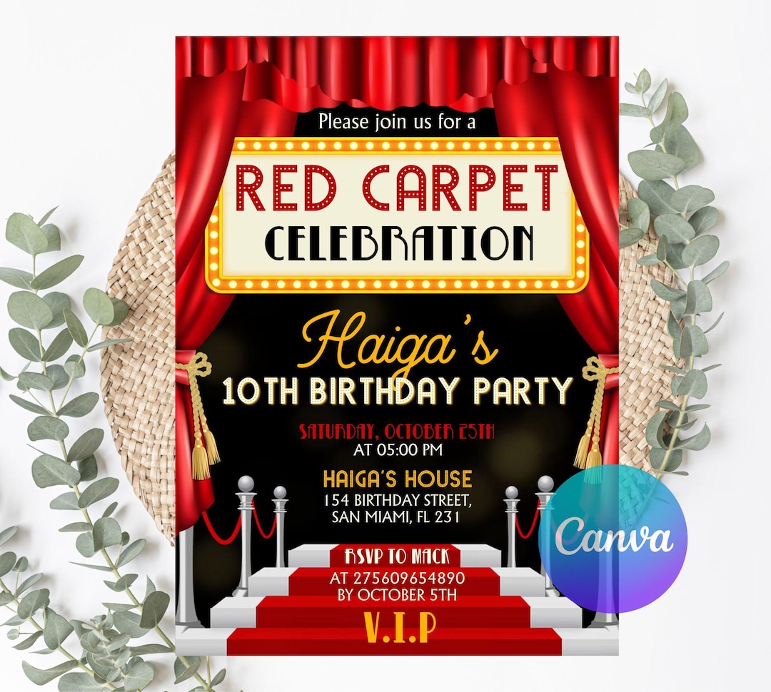 Editable Red Carpet Birthday Invitation, Red Carpet Event Hollywood ...