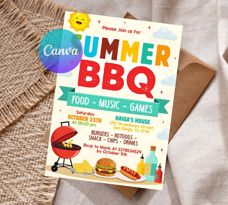 Summer BBQ Party Flyer Editable Template, DIY Cookout Invitation ...
