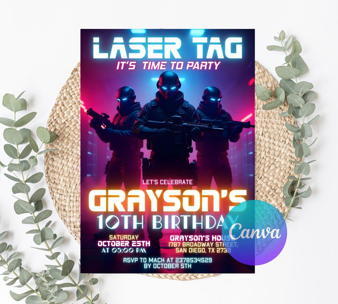 Neon Laser Tag Birthday Invitation: Editable Canva Template (5x7" PDF ...