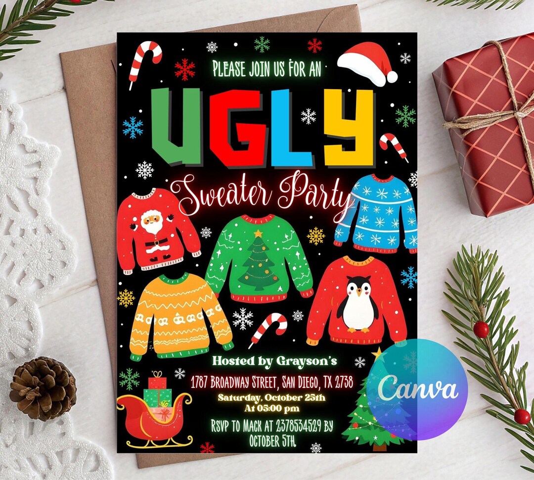 Editable Ugly Sweater Christmas Party Invitation, Holiday Party, Canva ...