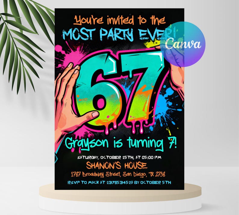 Six Seven Graffiti Kids Birthday Party Invitation Template, 67 Viral ...