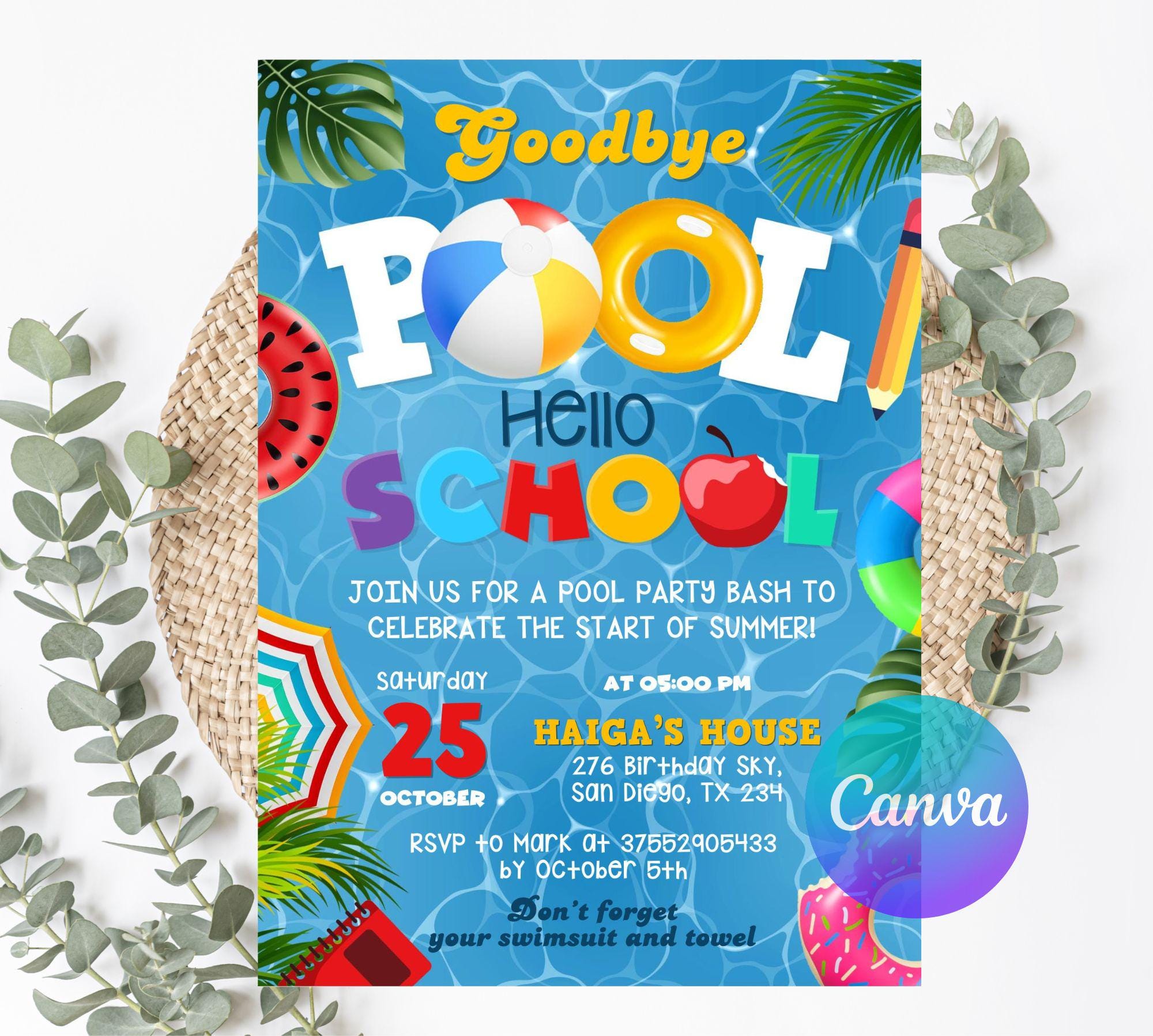 Editable Goodbye Pool Hello School Party End of Summer Party Invitation ...