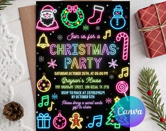 Editable Neon Christmas Party Invitation, Glow Christmas Party Invite ...