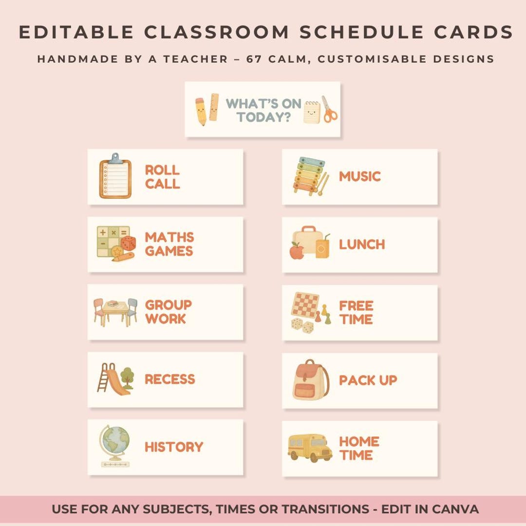Editable Classroom Schedule Cards | 67 Calm Watercolour Designs | Canva ...