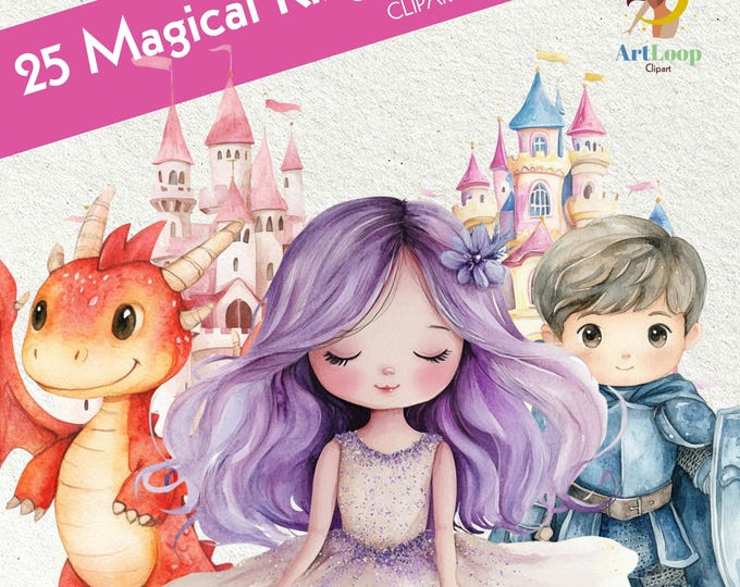 Floral Princess & Dragon Clipart, Knight, Castle, Unicorn, Fairytale ...