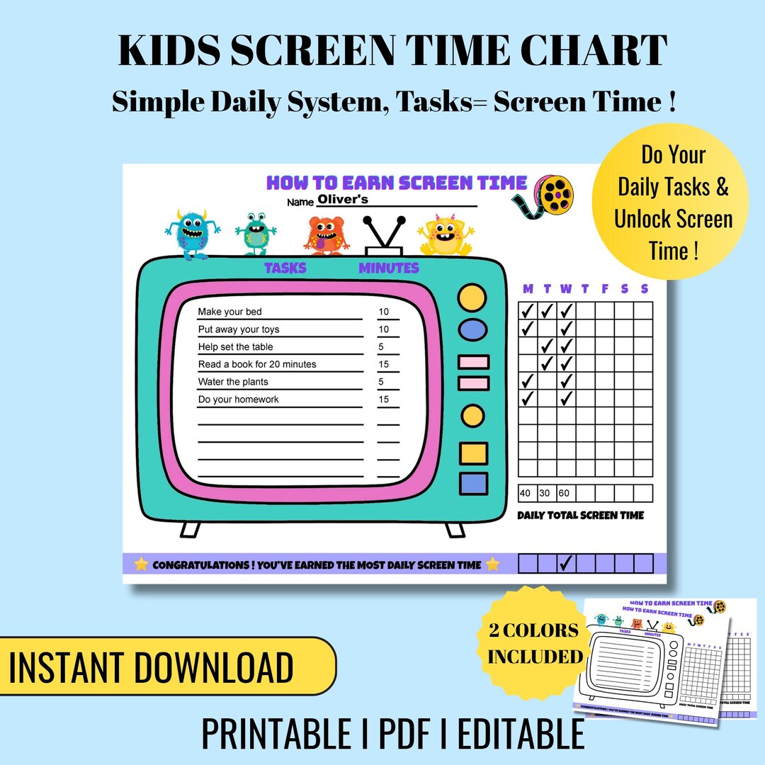 Editable Kids Screen Time Chart: Monster Theme, Printable Reward ...