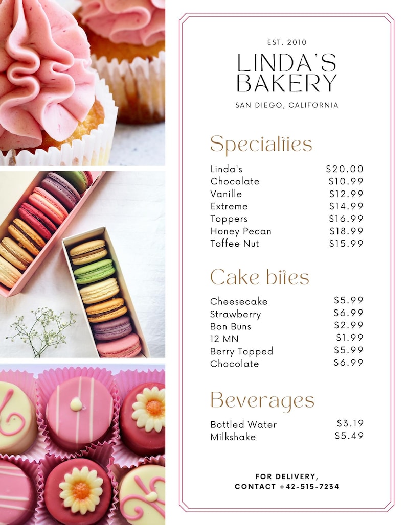 Elegant Pastry Menu Template - Customizable & Printable for Cakes and ...