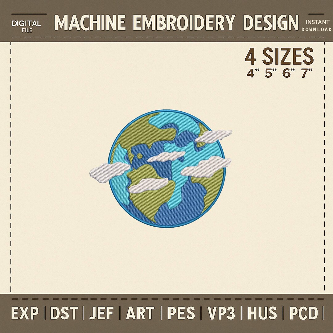 Planet Earth With Clouds Embroidery Design – Machine Stitch Pattern of ...