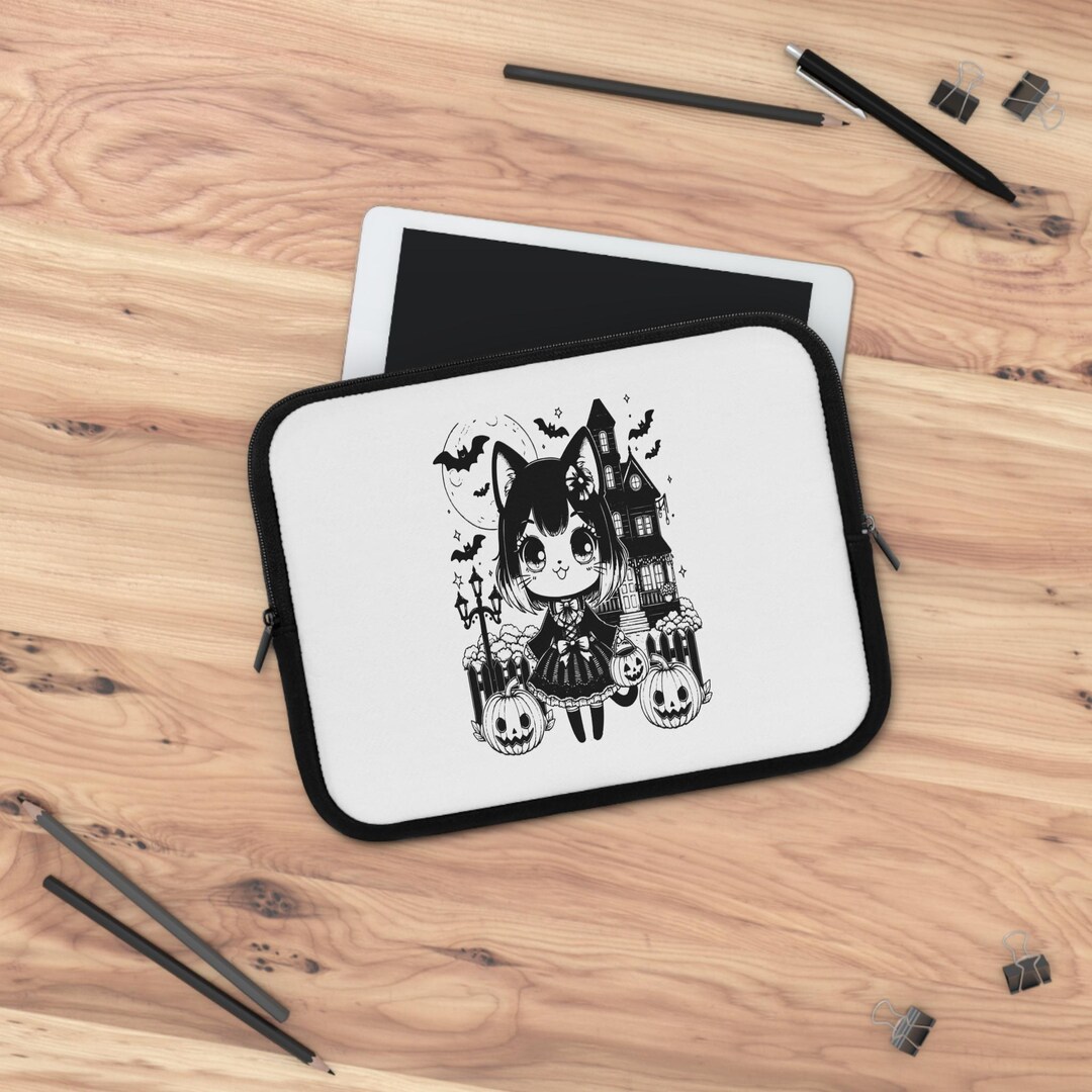 Cute Kawaii Cat Halloween Laptop Sleeve, Black Cat Laptop Case, Goth ...