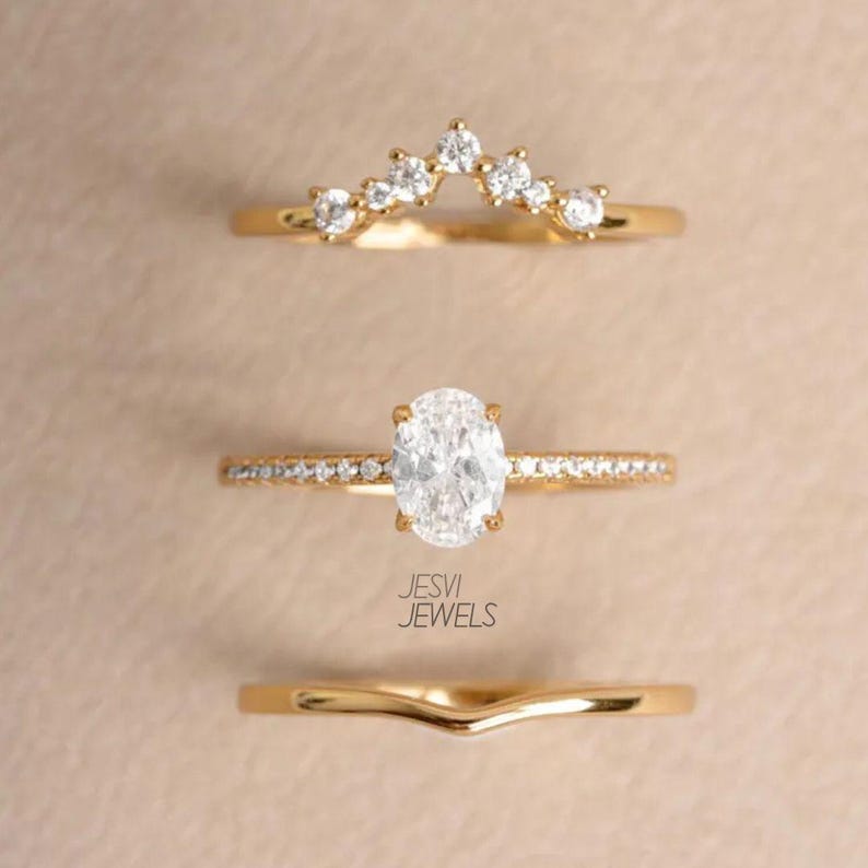 Oval Moissanite Engagement Ring Set Hidden Halo Bridal Jewelry Gift for ...