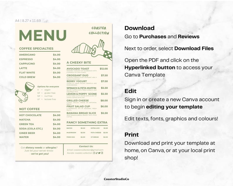 Modern Editable Canva Menu Template for Cafe Coffee Shop Brunch ...