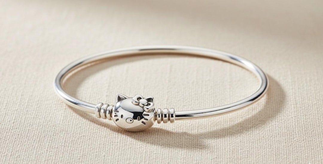 925 Sterling Silver Bangle Bracelet – Pandora-style With Cute Cat/hello ...