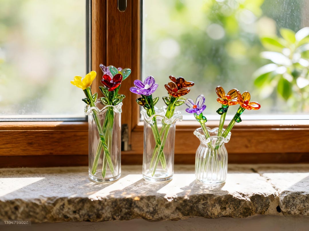 Mini Glass Flower Bouquet, Glass Flower Figurine, Handcrafted Glass ...