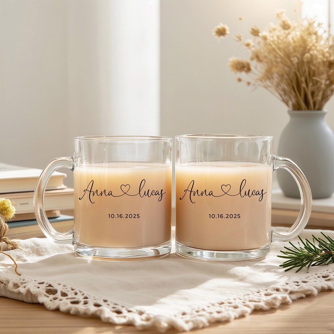 Personalised Engagement Glass Mug, Custom Wedding Mugs, Engagement ...