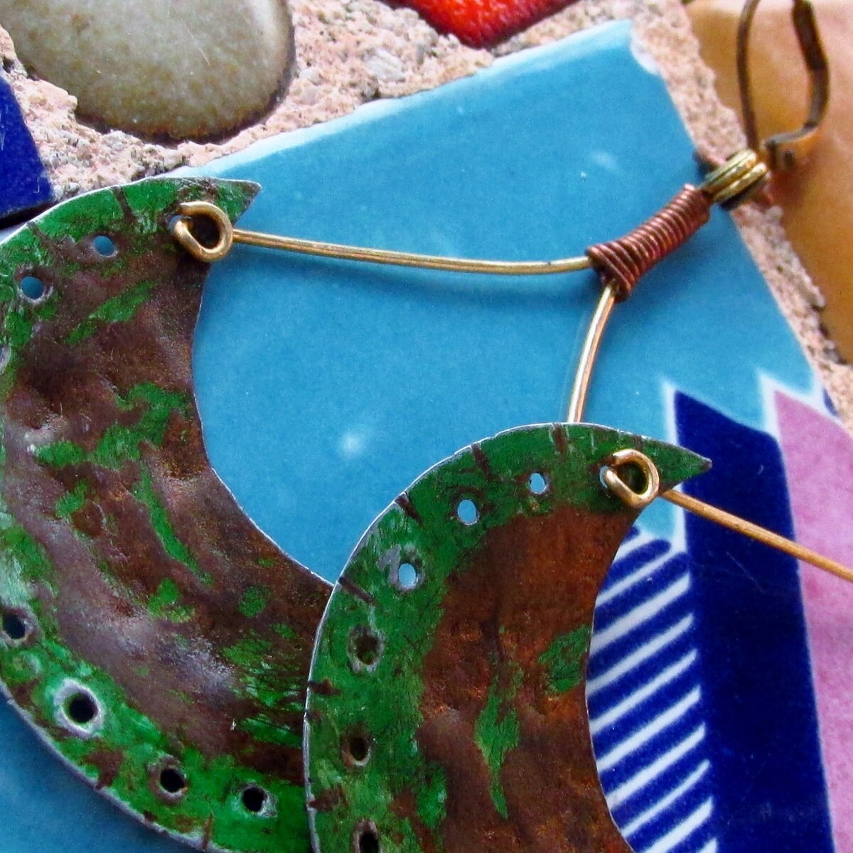 Rusted Green Crescent Dangle Earrings - Etsy UK