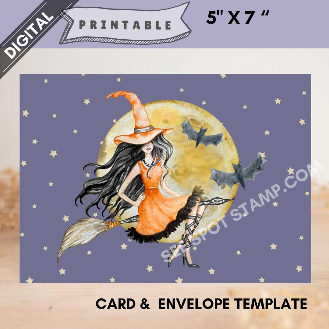 Printable Beautiful Witch Card Digital Download Halloween Card Witch in ...