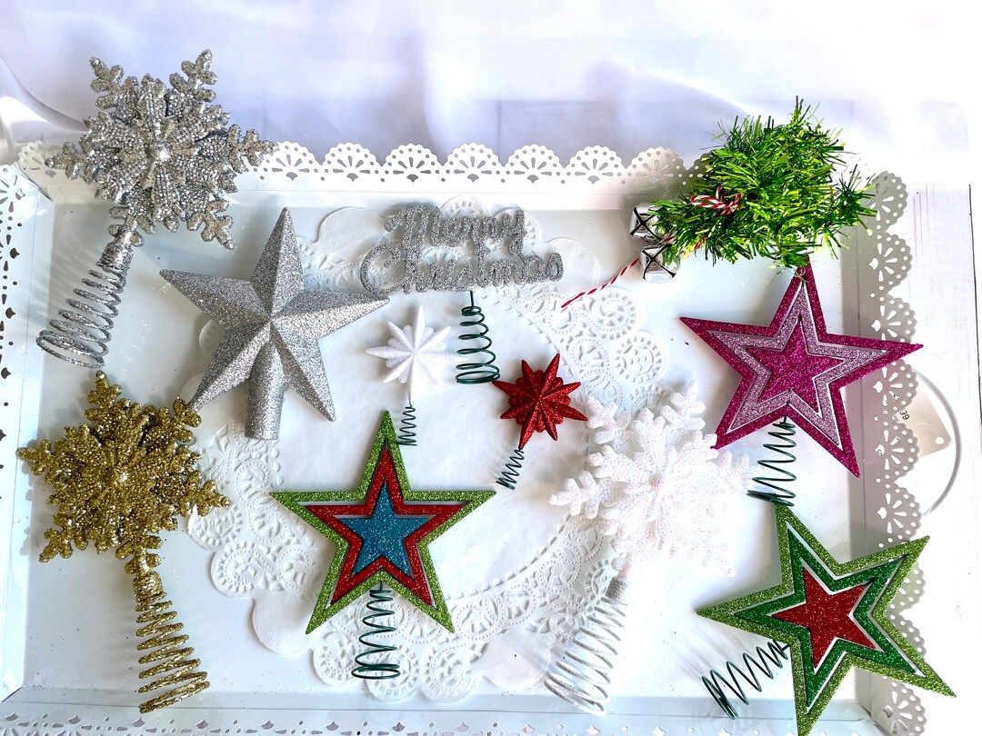 Mini Christmas Tree Top Topper Star Snowflake Merry Christmas White ...