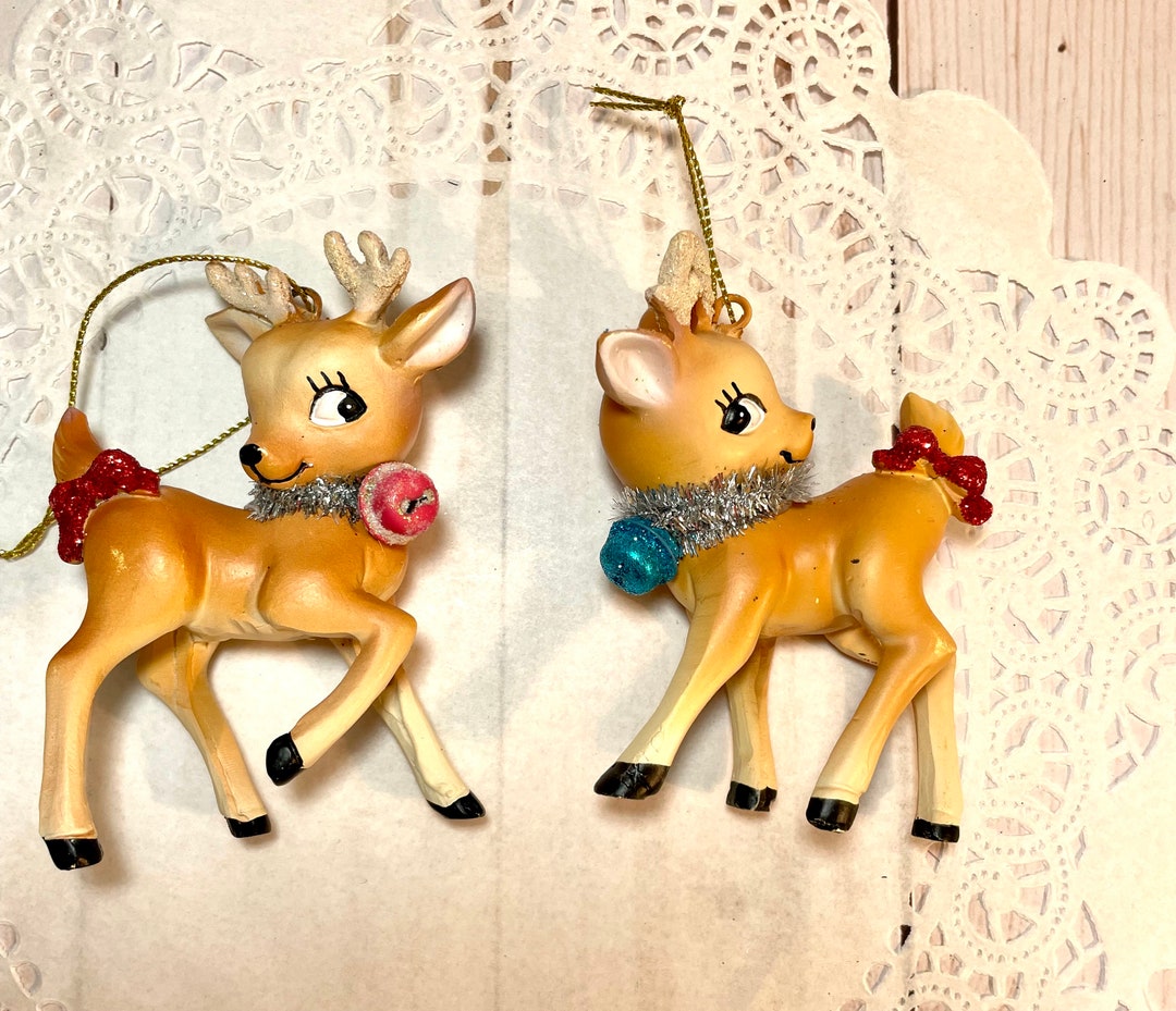 Retro Reindeer Christmas Figurine Ornament Deer Putz Houses Glitter ...