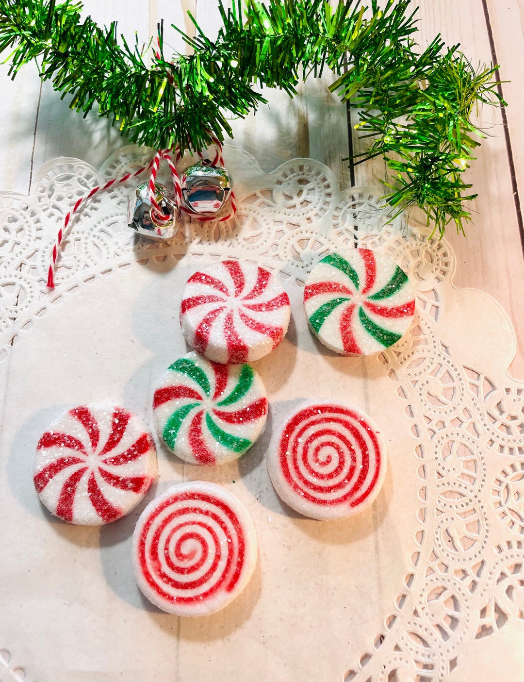 Christmas Peppermint Candy Cane Embellishment Sugared Ornament Mini Red ...
