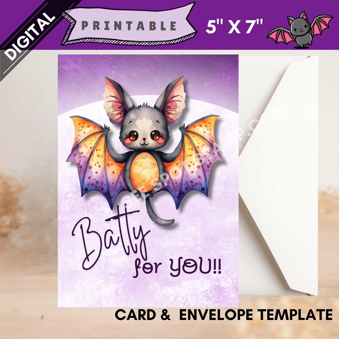 Bat Card Printable Halloween Card Digital Download Cute Bat Purple ...