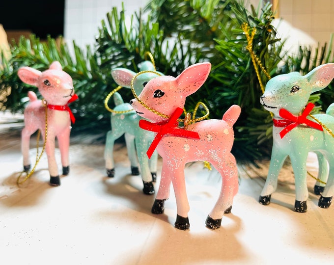 Pink or Blue Miniature Reindeer Christmas Figurine Putz Houses Glitter ...