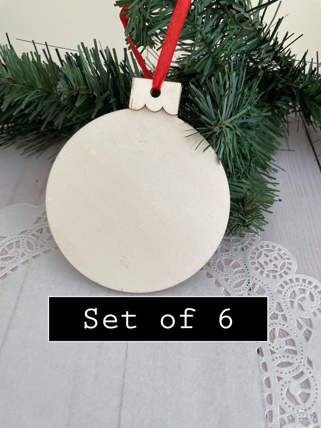 Unfinished Wooden Christmas Ornament Round Flat 3d Top on Red Ribbon ...