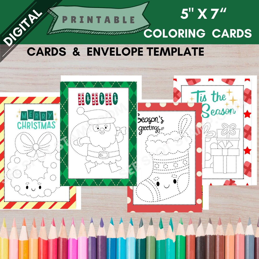 Christmas Coloring Card Pack Printable Digital Download Greeting Card ...