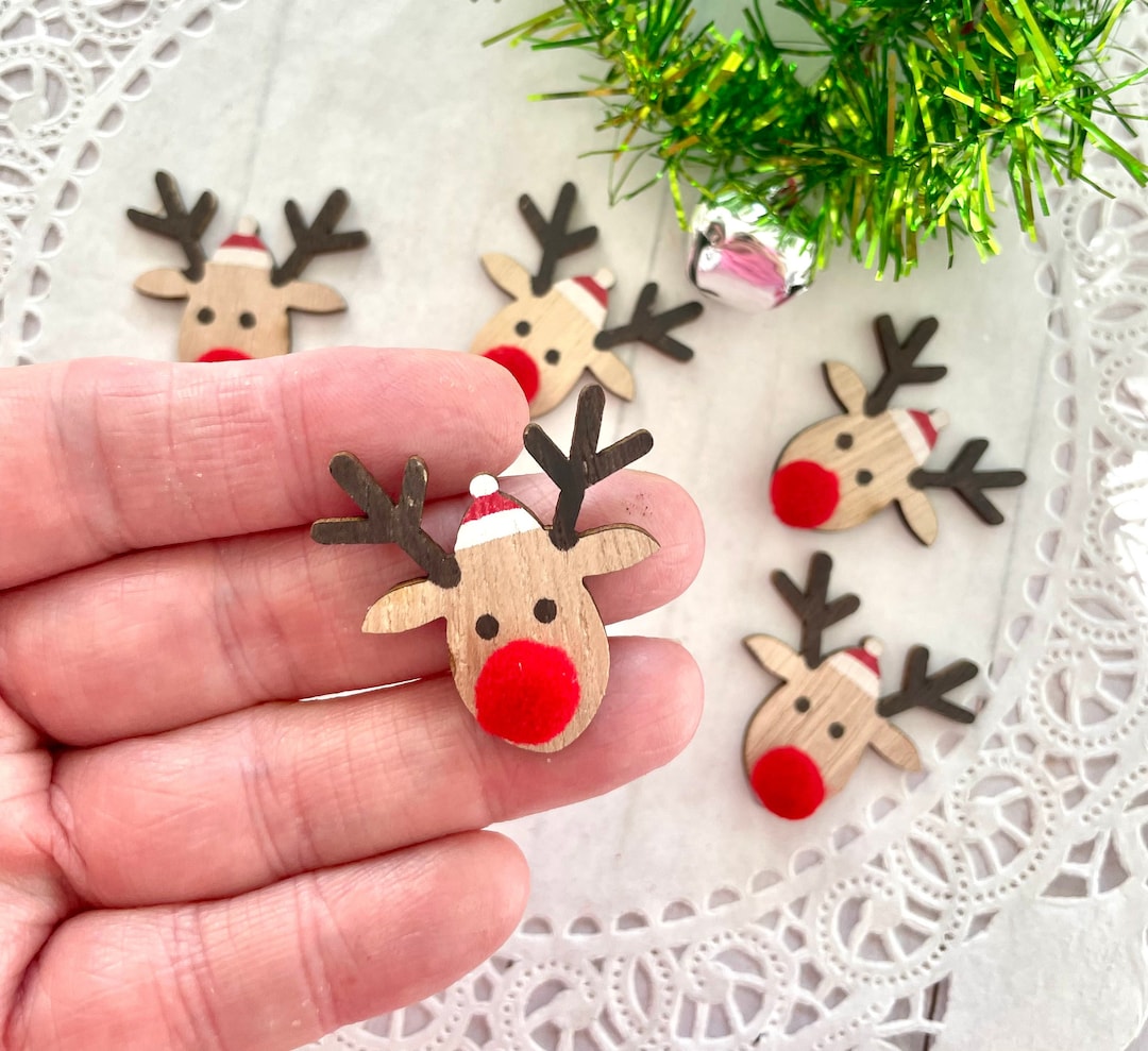 Wooden Reindeer Embellishment Laser Cut Mini Pom Pom Nose Rudolph Red ...