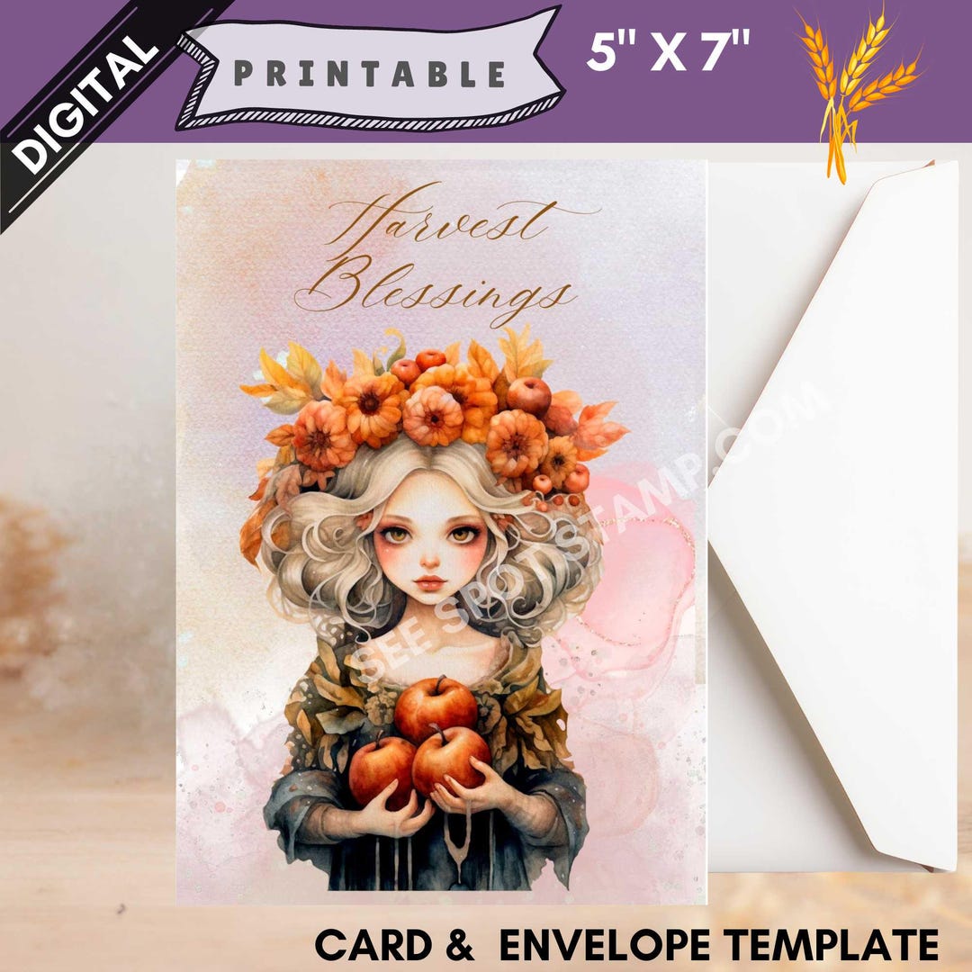 Printable Card Girl With Pumpkin Crown Harvest Blessings Digital ...