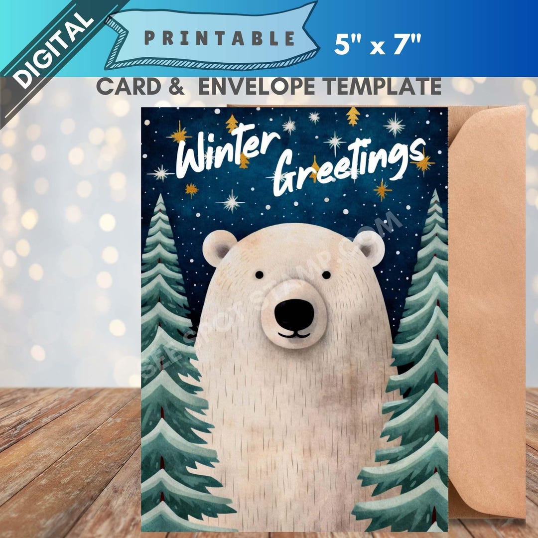 Printable Winter Card Polar Bear Greeting Card Digital Download Yule ...