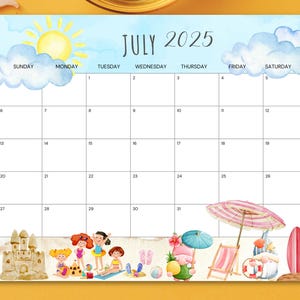 Printable July 2025 Calendar - Beach Family Fun - Summer Vacation ...