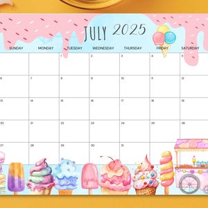 Printable July 2025 Calendar - Ice Cream Theme - Cute Summer Popsicles ...
