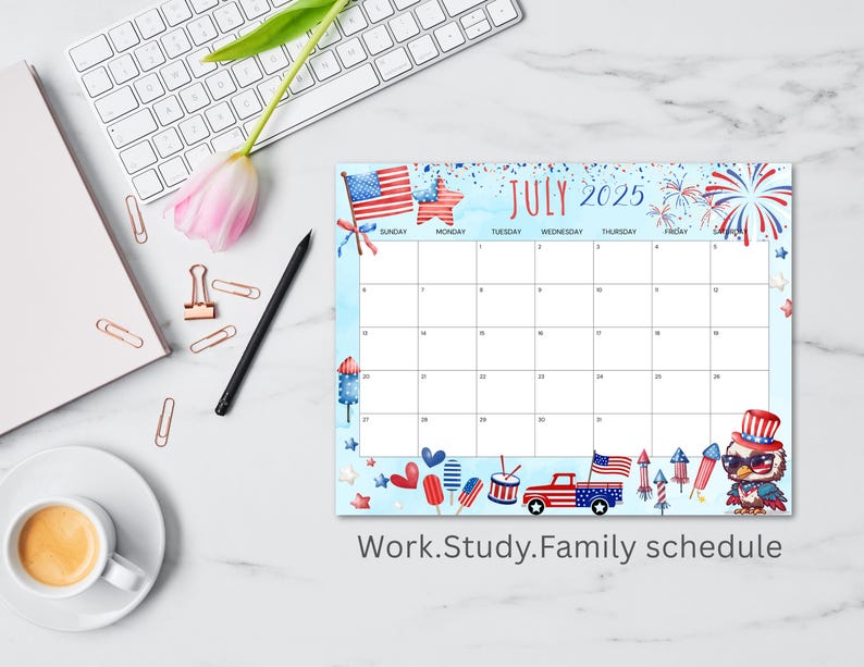 Printable July 2025 Calendar - 4th of July Independence Day Patriotic ...
