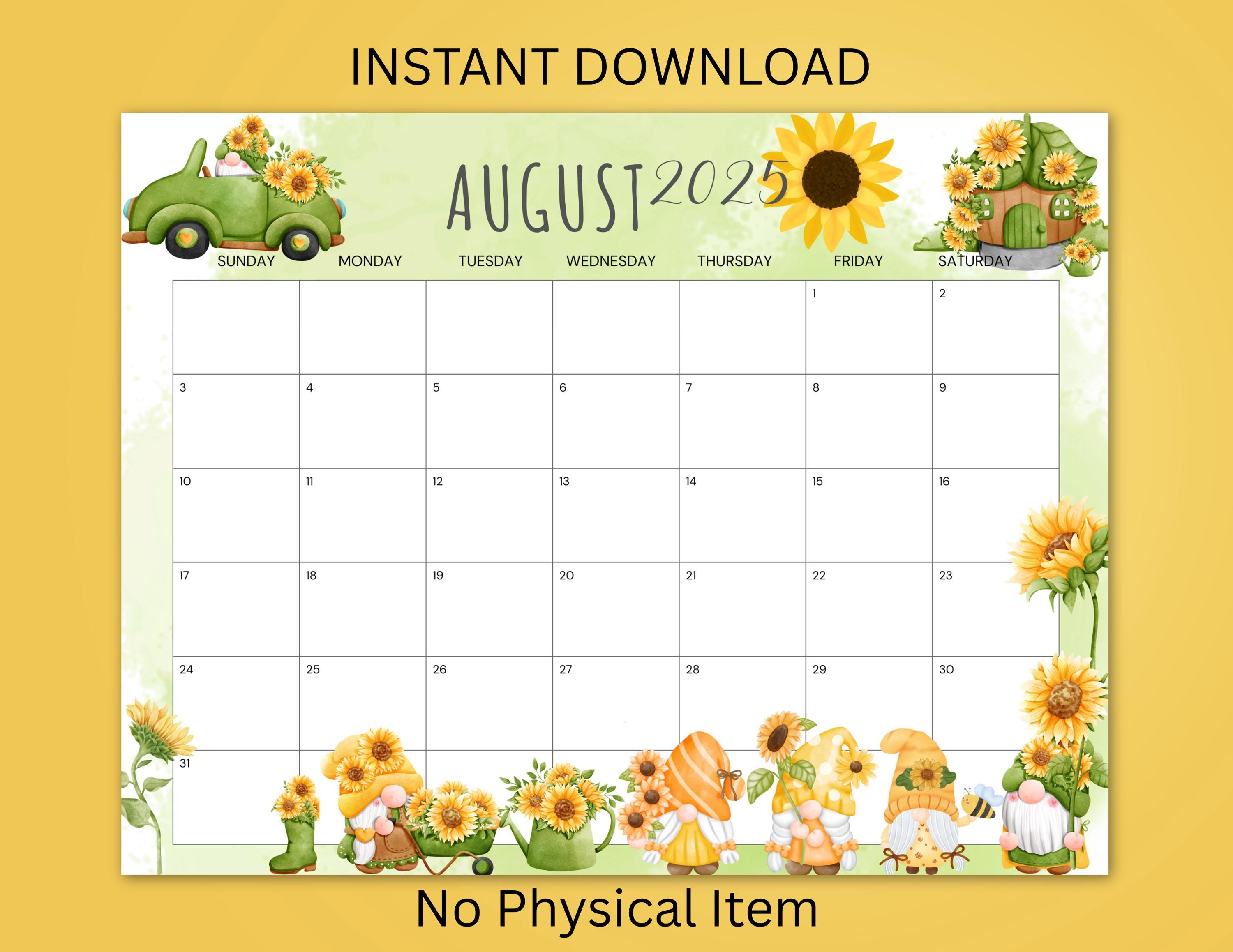 Printable August 2025 Calendar - Sunflower & Gnome Theme - Summer ...