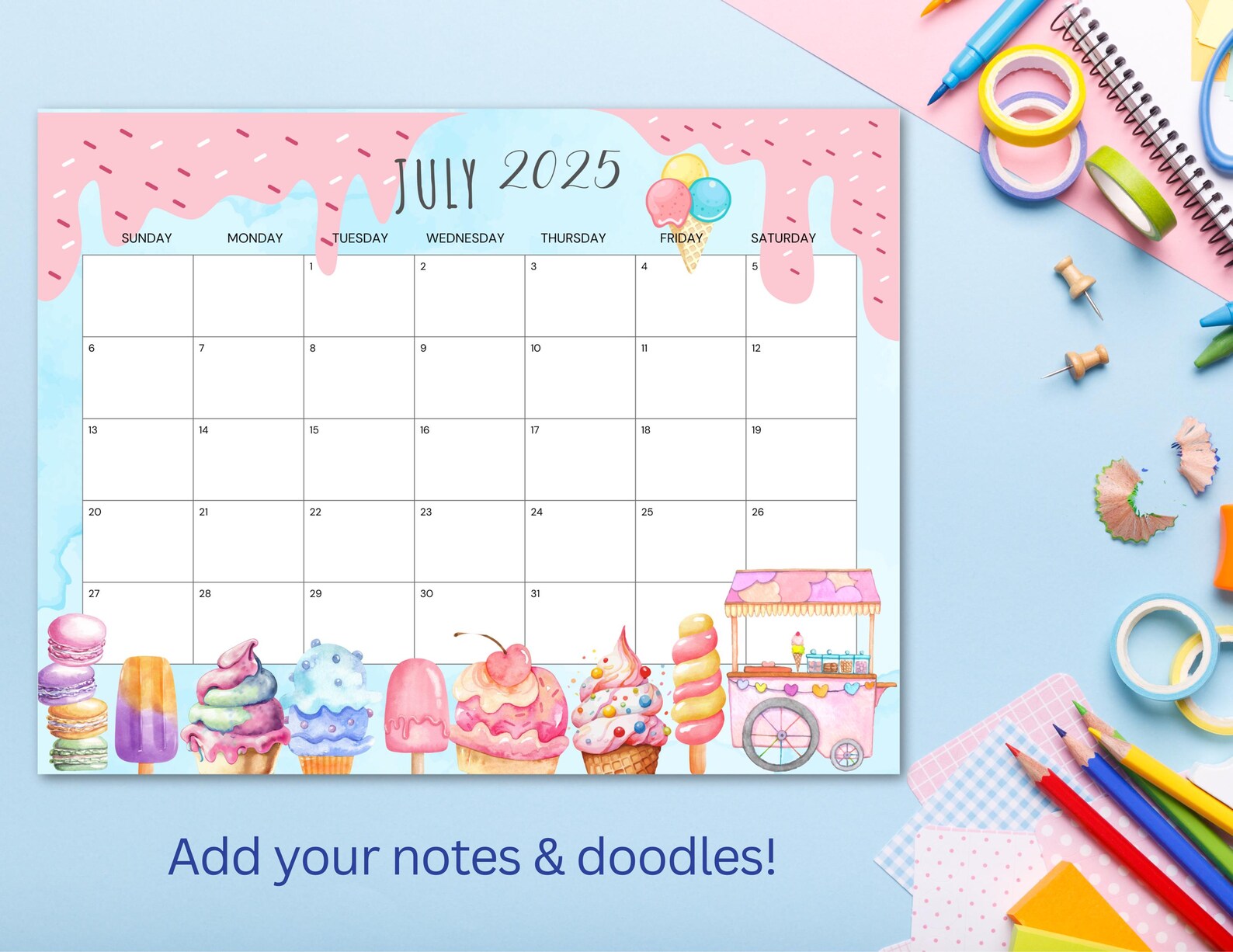 Printable July 2025 Calendar - Ice Cream Theme - Cute Summer Popsicles ...