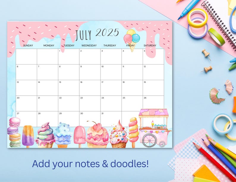 Printable July 2025 Calendar - Ice Cream Theme - Cute Summer Popsicles ...