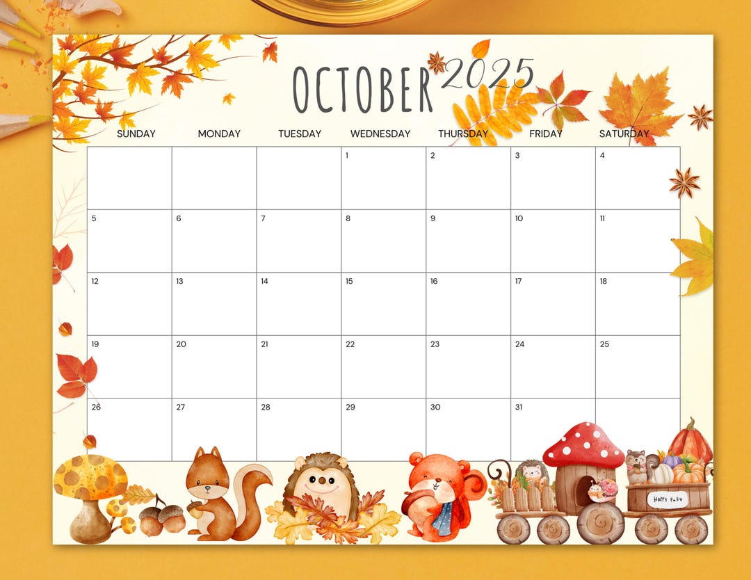 Printable October 2025 Calendar – Fall Leaves & Acorns Woodland Theme ...
