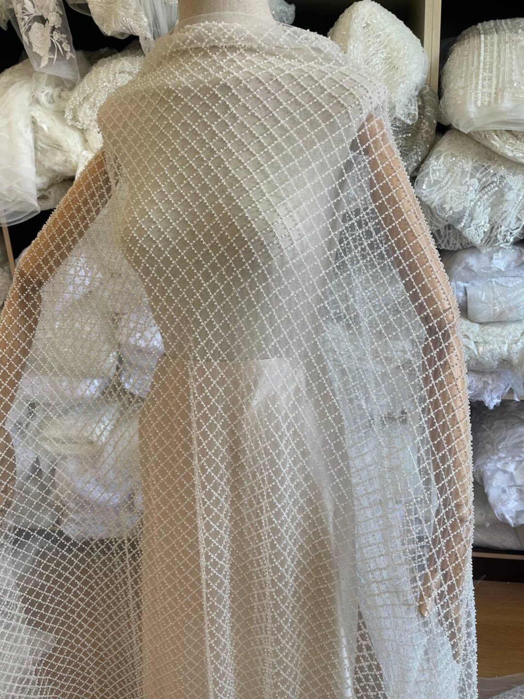 Ivory Pearl Net Lace Fabric, Nude Mesh With Diamond Pattern, Soft Tulle ...