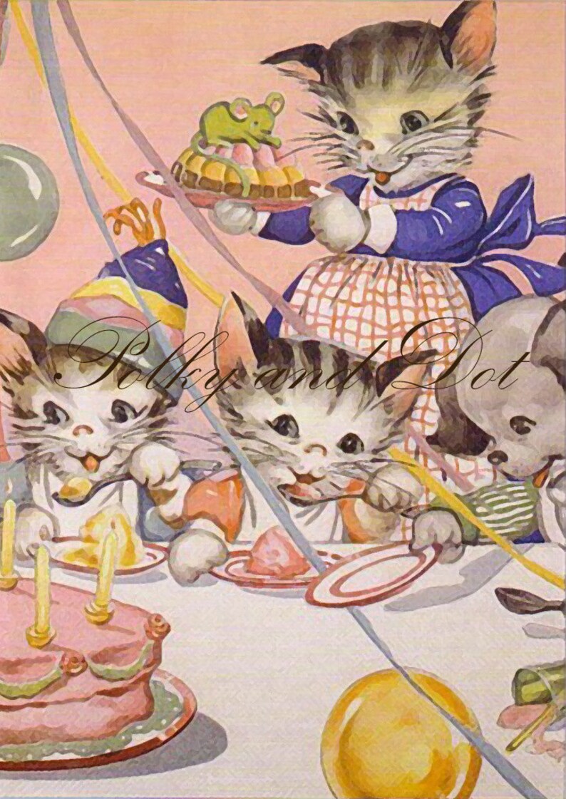 Kitty Puppy Pink Party Retro Illustration Digital Image - Etsy